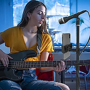 ELEQOTE Cell Phone Holder for Microphone Stand 360° Swivel Adjustable Smartphone Clamp Mount Compatible with iPhone, Galaxy, Sony, LG, Google, Pixel, Oneplus, Huawei and Other Phones