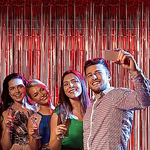 Twinkle Star Photo Booth Backdrop Foil Curtain Tinsel Backdrop Environmental Background for Birthday Party, Wedding, Graduation, Christmas Decorations (2 Pack, Red)