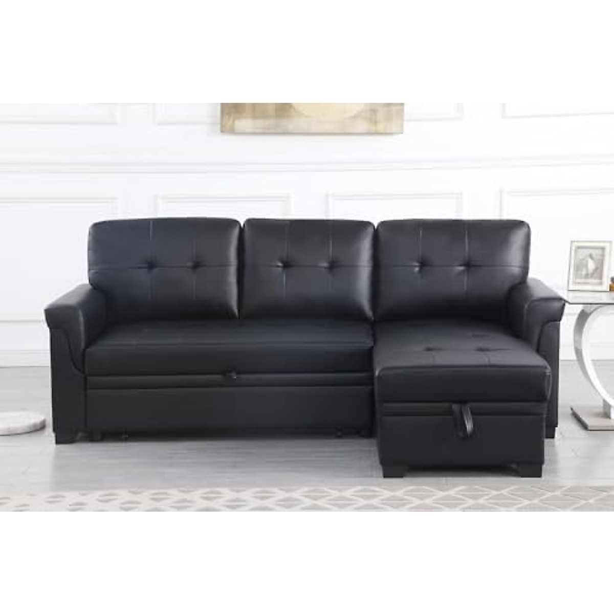 Lilola Home Lexi Black Synthetic Leather Modern Reversible Sleeper Sectional Sofa with Storage Chaise