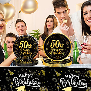 50th Birthday Theme Party Supplies,Disposable Party Tableware Sets - 50 Years Paper Plates,Napkins,Plastic Forks Knives,Tablecloths,50th Birthday Decorations for Men Women,24 Guests