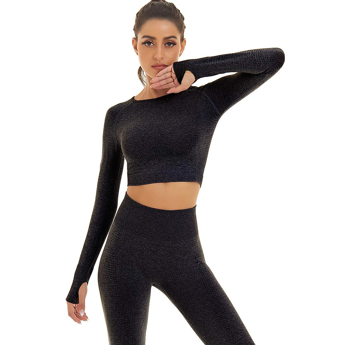 Toplook Women Seamless Workout Outfits Athletic Set Leggings + Long Sleeve Top 2 Pieces(Black, Medium)