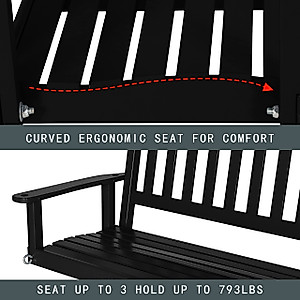 MUPATER Outdoor Patio Hanging Wooden Porch Swing 5FT with Chains, 3-Person Heavy Duty Swing Bench for Garden and Backyard, Black