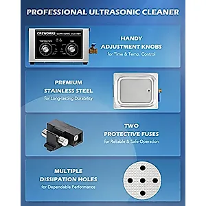 CREWORKS Ultrasonic Cleaner with Heater and Timer, 2.6 gal Digital Sonic Cavitation Machine, 240W 10L Stainless Steel Jewelry Cleaner for Professional Tool Watch Glasses Retainer Denture Coin Cleaning
