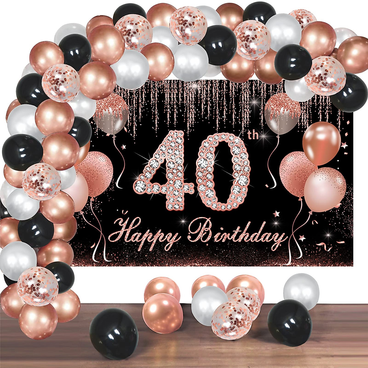 40th Birthday Banner Decorations with Confetti Balloon Arch Garland, Rose Gold and Black Happy 40 Birthday Backdrop Balloon Kit Party Supplies for Women, Forty Year Old Bday Background Sign Decor