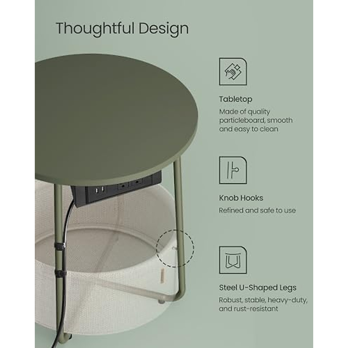 VASAGLE Side Table with Charging Station, Round End Table With Fabric Basket, Nightstand with Power Outlets USB Ports, for Living Room, Bedroom, Modern, Forest Green and Cream White ULET228C04