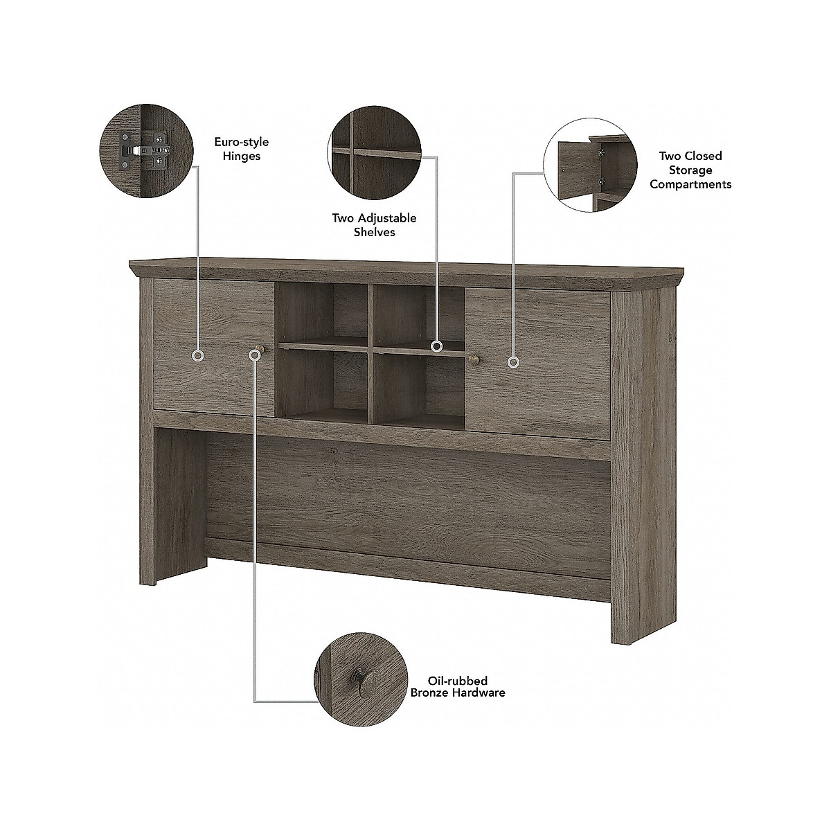 Bush Furniture Yorktown L Shaped Desk with Hutch, Lateral File Cabinet and 5 Shelf Bookcase, 60W, Restored Gray