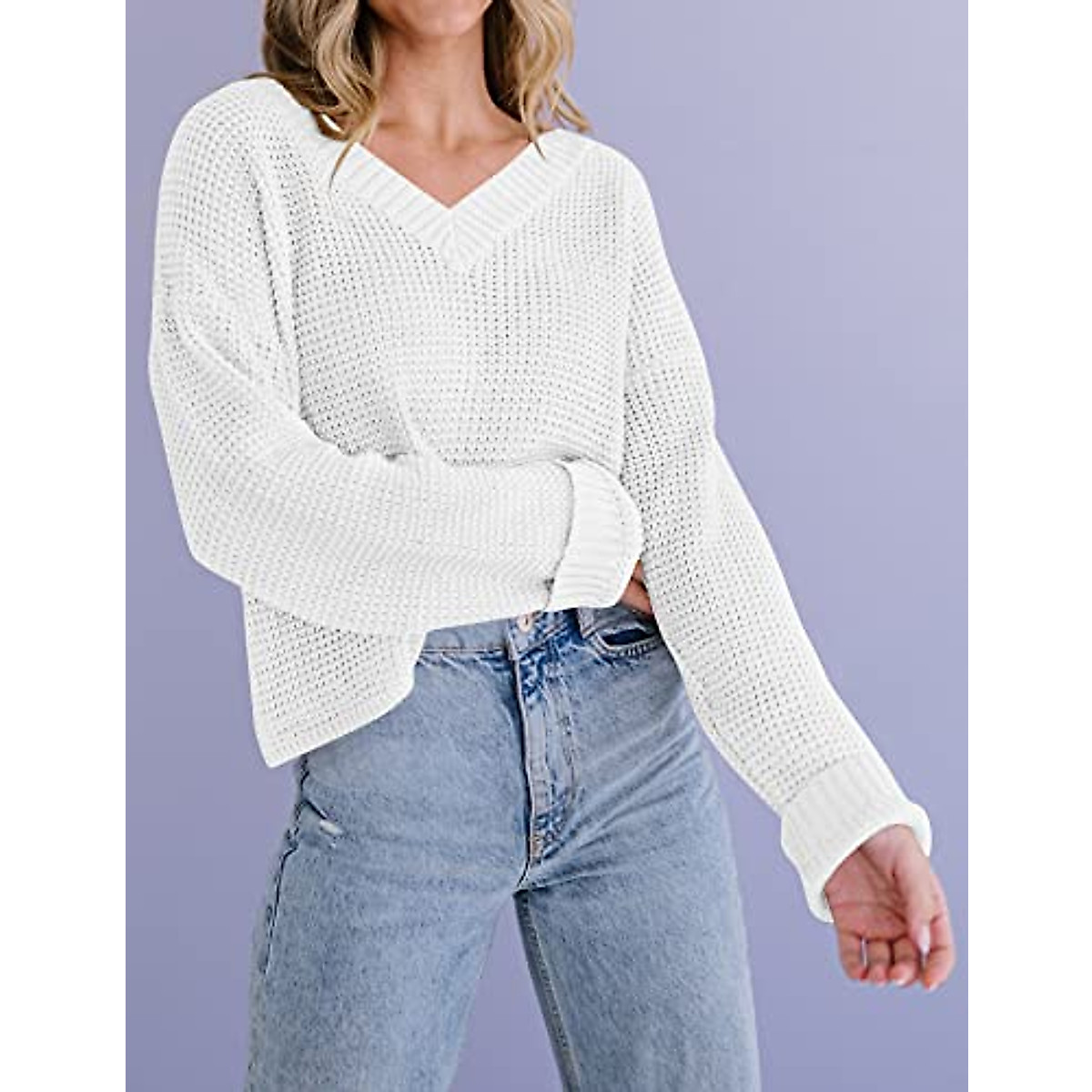 MIROL Women's Waffle Knit Cropped Top V Neck Long Sleeve Pullover Sweater Casual Solid Crop Sweatshirts White
