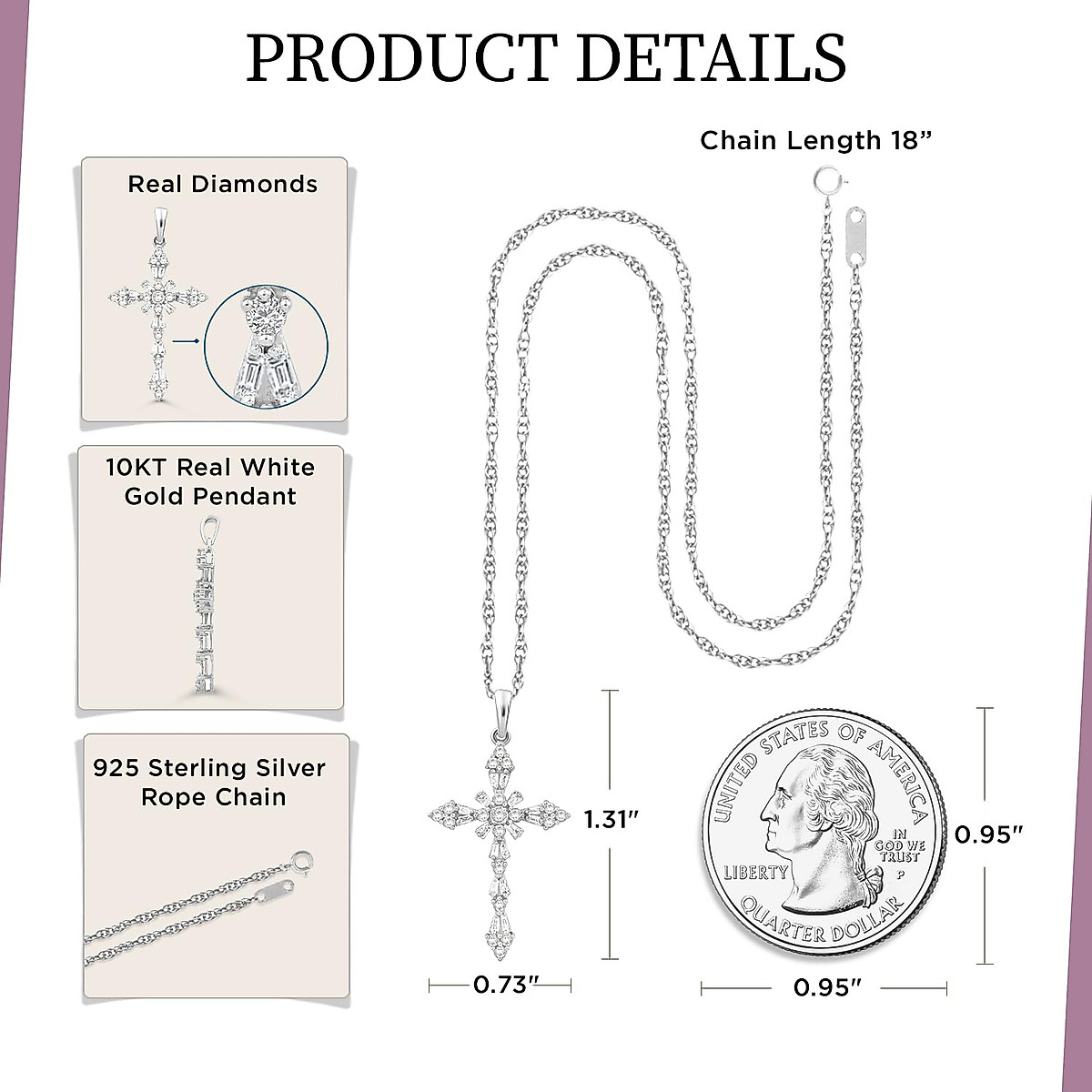 Jewelili Cross Necklace Pendant in 10K White and Yellow Gold with 1/2 CTTW Natural White Round and Baguette Diamonds 18" Rope Chain