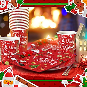 Tioncy 200Pcs Christmas Party Supplies Tableware Set Include 100 9 Inch and 7 Inch Christmas Paper Plates 50 9oz Cups 50 Holiday Lunch Napkin Disposable Christmas Plates Dinnerware Set (Classic Style)