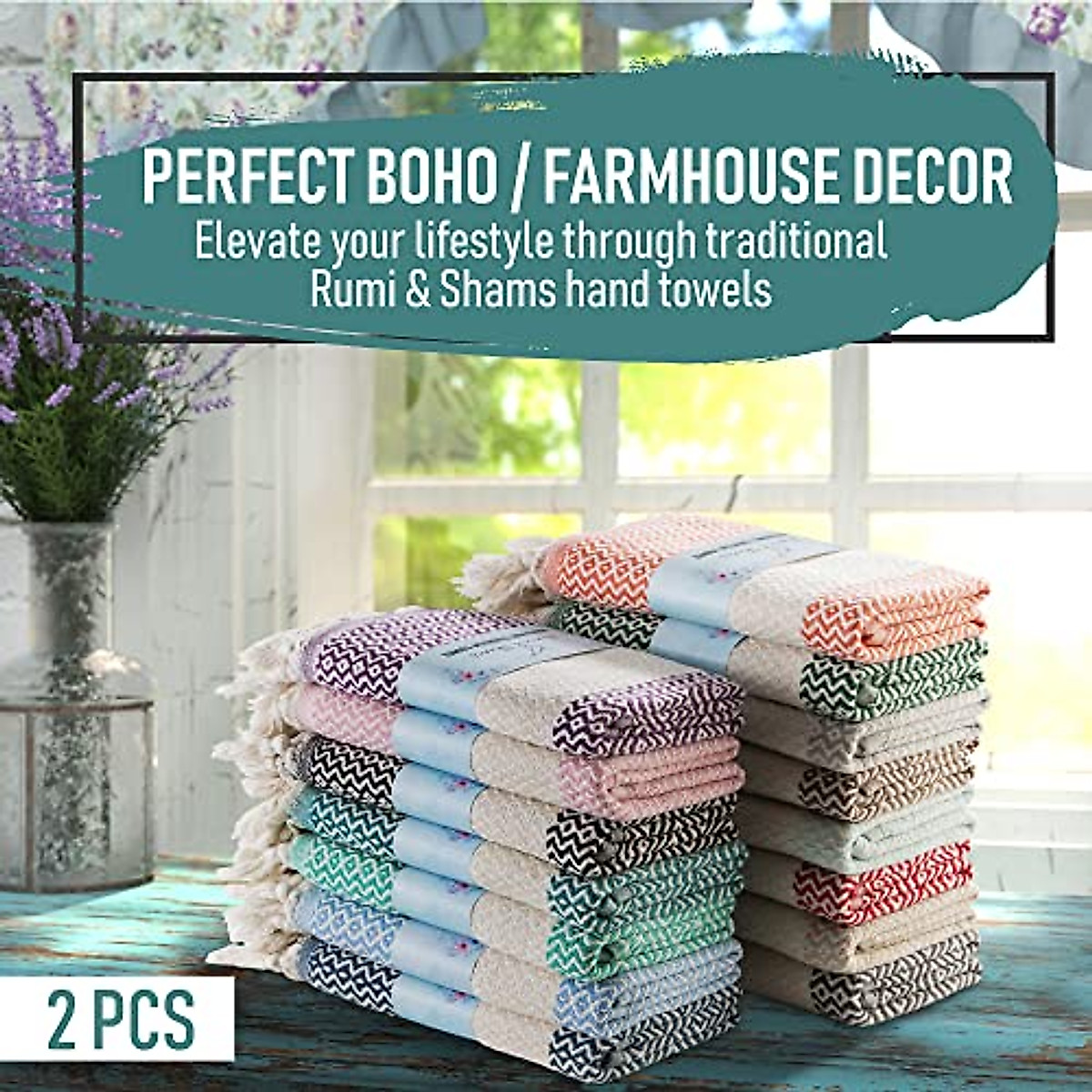 Rumi&Shams | Turkish Hand Towel for Bathroom | 2 pcs Bathroom Hand Towels | 100% Cotton Kitchen Hand Towels | 16x35 Boho Hand Towels | Black Hand Towels for Bathroom | Oeko-Tex Certified