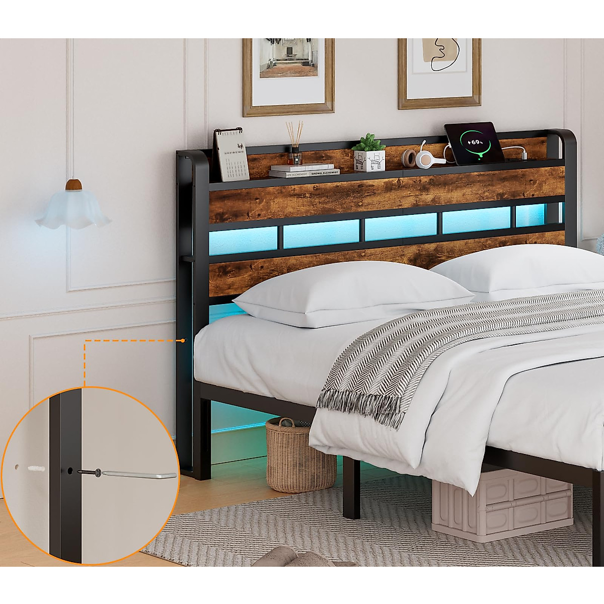 Furnulem Queen Headboard with Storage Shelf,Headboards with RGB LED Light,USB Port and Charging Station,Sturdy Metal Frame & Wood Shelf, Adjustable Height