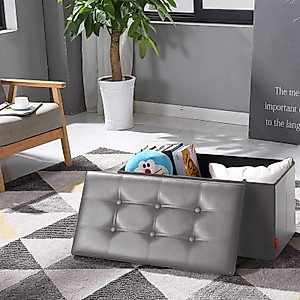 BRIAN & DANY 30" Faux Leather Folding Storage Ottoman Bench, Perfect Toy and Shoe Chest, Foot Rest,Coffee Table,Folding Bench Chest with Cover (Grey)