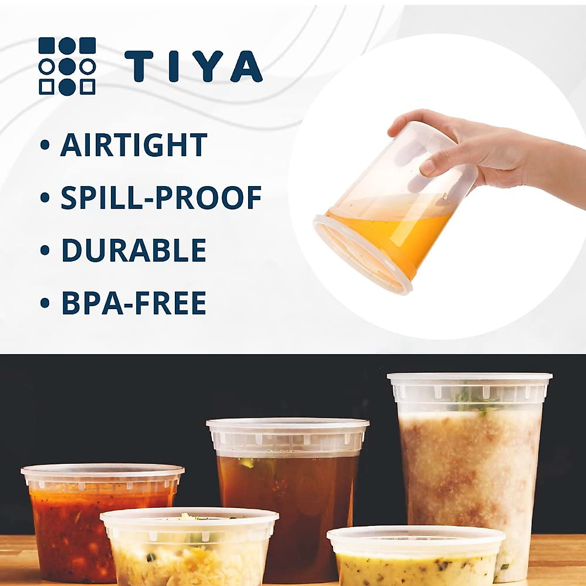 TIYA Takeout Food Containers - 16oz Bulk 240 Pack with Lids - Plastic Food Storage to-Go Containers - Reusable Microwavable Dishwasher Safe Takeout Cups - Airtight Leak Proof for Soups & Meal Prep