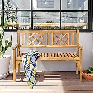LDAILY Moccha 4 Ft Outdoor Patio Foldable Bench, Two Person Solid Wood, Acacia Wood Bench, Garden Bench with Curved Backrest and Armrest, Outdoor Park Bench Ideal for Balcony, Porch