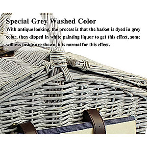 HappyPicnic 'Huntsman' Willow Picnic Hamper for 4 Persons with 'Built-in' Insulated Cooler, Wicker Picnic Basket with Canvas Stripe Lining, Willow Picnic Set, Picnic Gift Basket (Navy Stripe)