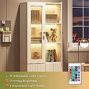 Tribesigns Bookcase with Doors and LED Light, White Bookshelf with 5-Tier Storage Shelves, Freestanding Tall Storage Cabinet for Living Room, Office, Bathroom