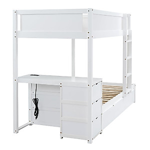 Harper & Bright Designs Twin Over Twin Bunk Beds with Desk, Storage Drawers and Trundle, Wooden Bunk Bed Frame with Charging Station for Kids Teens, Girls Boys, White