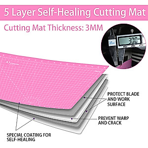 Headley Tools 12 x 18 Inch Self Healing Cutting Mat, Durable Rotary Cutting Mat Double Sided 5-Ply Gridded A3 Cutting Board for Craft, Fabric, Quilting, Sewing, Scrapbooking Project, Pink/Dark purple