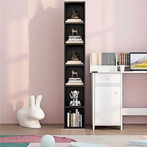 YQ JENMW 68.5 Inches Small Tall Narrow Corner Bookshelf, 6 Shelf Cubby Storage Organizer for Small Spaces, Freestanding Storage Cabinet for Bedroom Library Living Room Home Office, Black