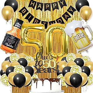 50th Birthday Decorations Men, Black and Gold 50th Birthday Balloons, Banner and Birthday Cake Topper, Happy 50 Birthday Decorations for Men