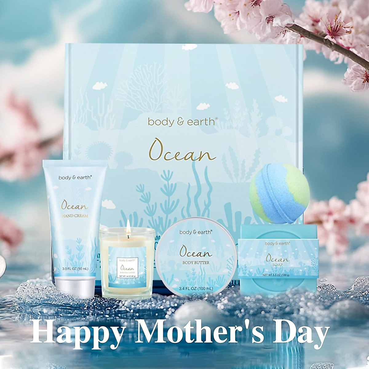 Spa Gifts for Women,Bath Set with Ocean Scented Spa Gifts Box for Her,Includes Scented Candle,Body Butter,Hand Cream,Bath Bar and Bomb,5 Pcs Bath Set,Gifts Set for Women,Mom,Mother's Day Gifts