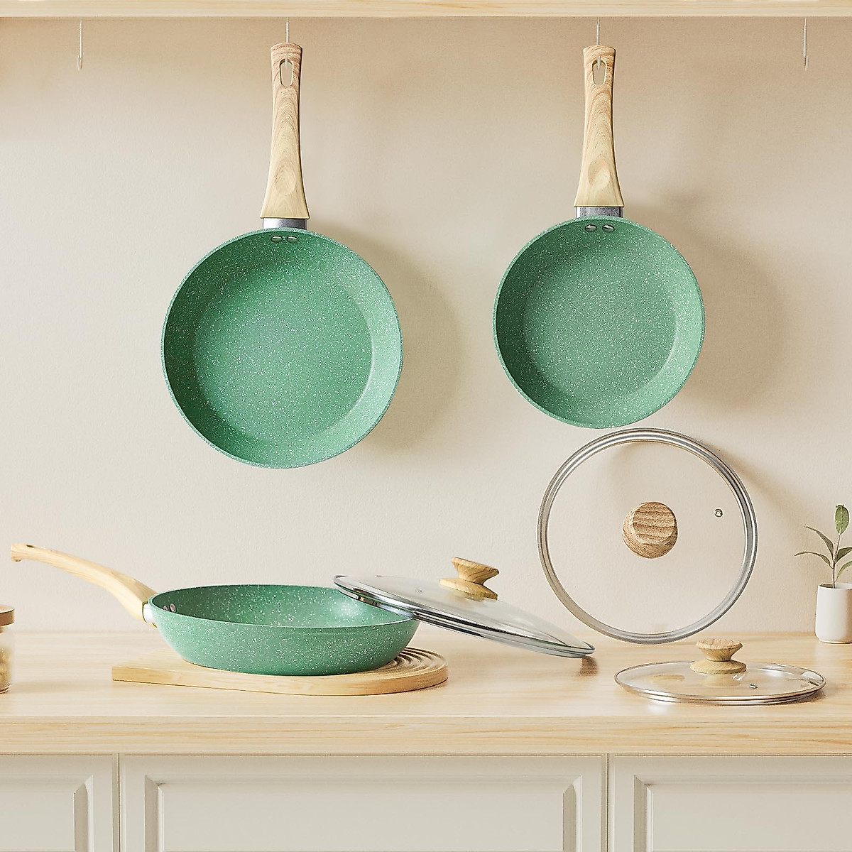 Innerwell Nonstick Frying Pan Set, 8"+9.5"+11" with Lids, Safe, Easy to Clean, Suitable for All Stovetops