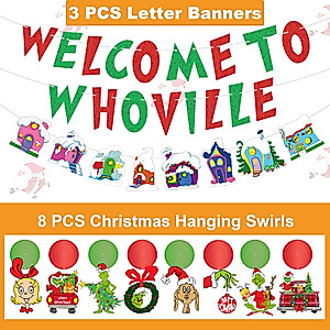 Welcome To Whoville Banner with Christmas Hanging Swirls Party Decorations, Red and Green Glitter Letter Banner Xmas Hanging Swirls Decorations Welcome Party Supplies Decorations