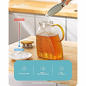 Baffect Water Pitcher, High Borosilicate Glass Jug with Stainless Steel Lid, Leakproof Fridge Door Carafe for Hot or Cold Beverage (1.8 L/63 oz.)