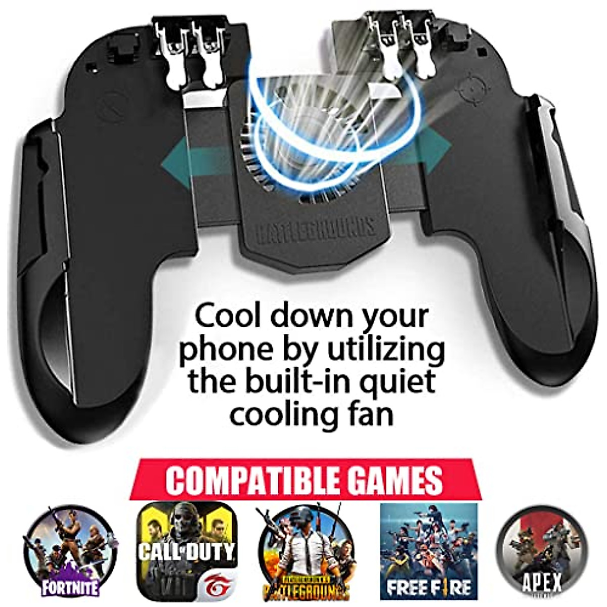 8 in 1 PUBG Mobile Phone Game Controller w/Cooling Fan, Cell Phone Gaming L2R2 L1R1 Triggers gamepad for PUBG/Fortnite/Call of Duty for 4.7-6.5" Android iOS Phone with 6pcs Finger Sleeves