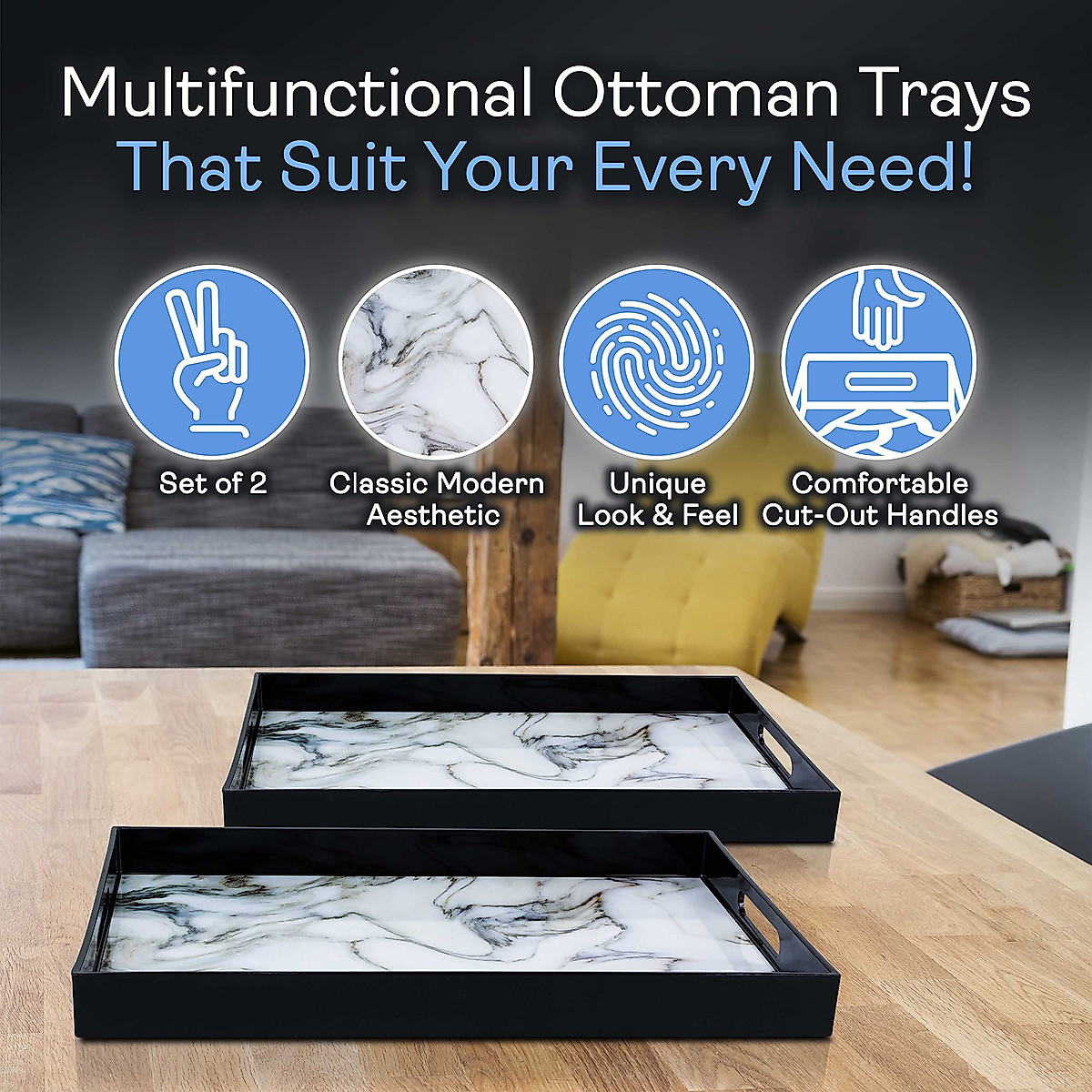 Bowmani Large Ottoman Tray Set - Faux Marble Coffee Table Tray with Black Accents, 18 x 12 Inches
