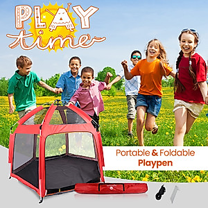 Serenelife ON-THE GO baby and Toddler pack and play - playpen - play yard compact, portable, lightweight, foldable- indoor and outdoor, w/ canopy, 5 panel Mattress, Travel bag (Red): Baby