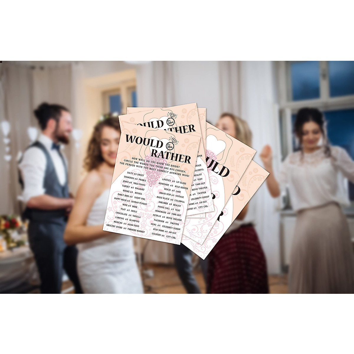 Huastatewolf Bridal Shower Game Cards, Would She Rather Game, Brid with Holding Flowers Pink Engagement Party Cards for Wedding, Set of 30 Cards(Dress003)