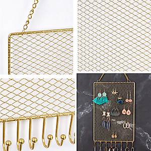 Hanging Jewelry Organizer,Metal Wall Mounted Earring Display Hanger with Hooks,Gold Mesh Necklaces Bracelets Holder Closet Storage Rack for Girl Women 28 * 18cm