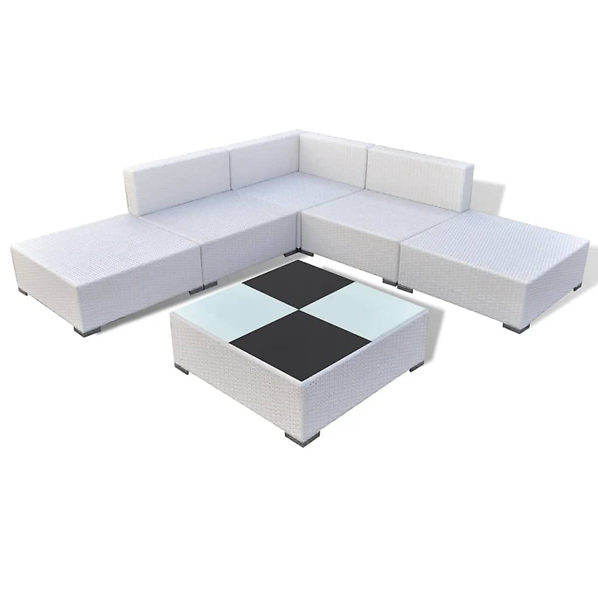 vidaXL Outdoor Patio Lounge Set - White PE Rattan Design with Black Cushions - 6 Piece Set with Corner Sofa, Center Sofas, Ottomans, and Tea Table - Easy Assembly