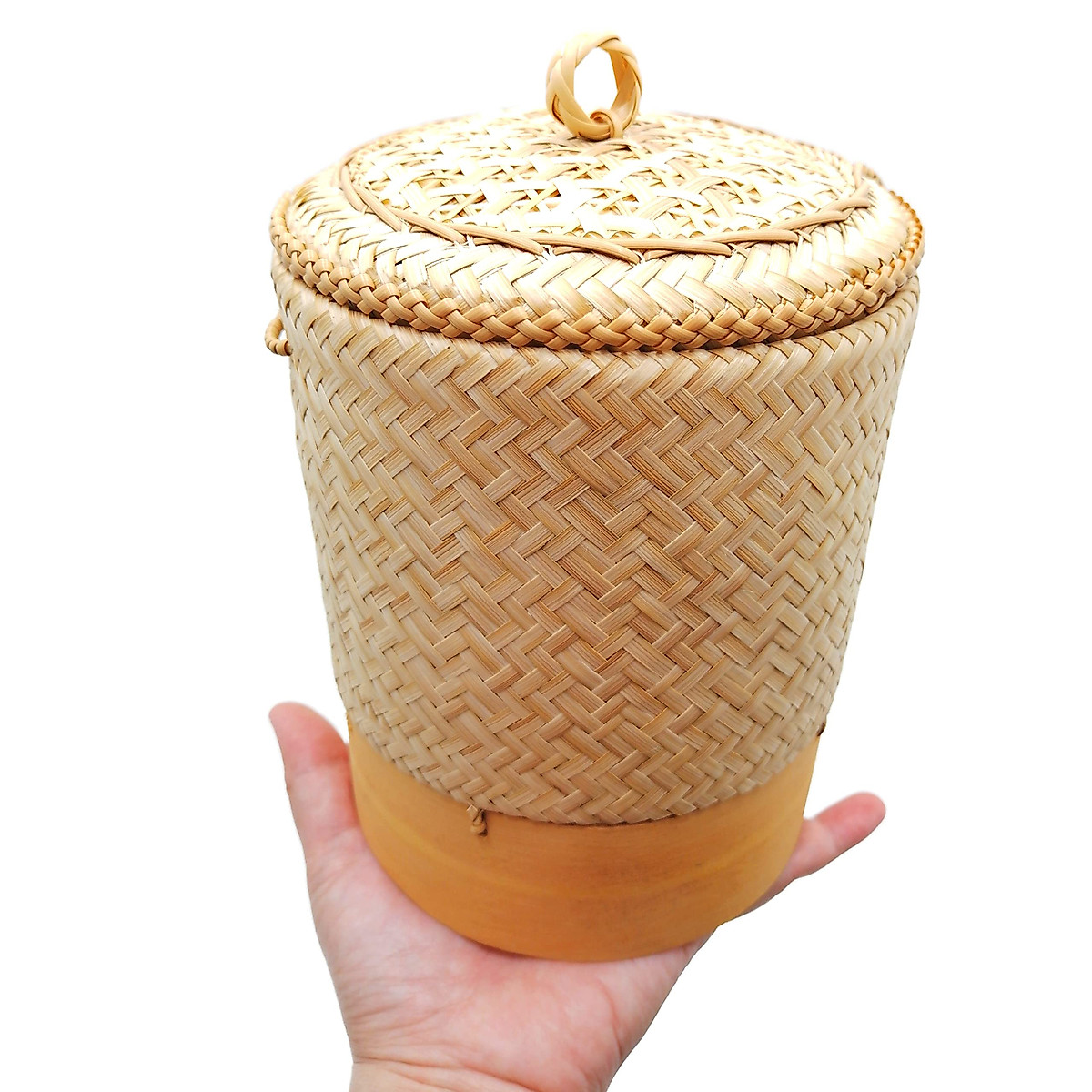Bamboo Sticky Rice Serving Basket 6.5 x 5.5 Inch, Kratip, Intricately Woven Container, Cylinder-Shaped with a Lid, Thailand Handmade, Original Natural Bamboo Color (Original Natural Bamboo Color)