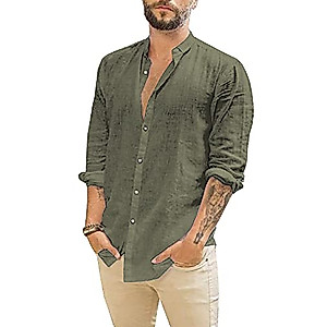 Makkrom Men's Cotton Linen Shirts Long Sleeve Button Down Band Collar Summer Beach Shirt Top Army Green