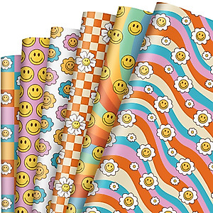 Whaline 12Pcs Retro Groovy Wrapping Paper Bright Funny Face Flower Checkered Gift Wrap Bulk Boho Art Paper Folded Flat for Baby Shower Birthday Wedding DIY Crafts Gift Packing, 19.7 x 27.6 Inch