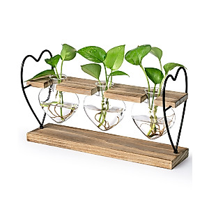 Sapowerntus Heart Propagation Stations, Cute Plant Terrarium Wooden Stand Love Glass Vase, Hydroponic Air Plants Desk Office Garden Mother Gift Decor for Women Plant Lover, 3 Heart Vase