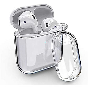 AirPod Protective Case, Crystal Clear Hard-Shell Silicone Protective Case, Compatible with Apple AirPod 1 & 2, with Carabiner / Keychain Hook, Visible Front LED, Allows for Wireless Charging