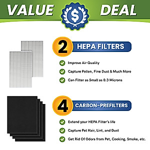 GOFIL 2 Pack Replacement Filters Include 2 HEPA & 4 Carbon Pre-filters Compatible with Air Purifier Model HPA200 series, HPA204, HPA250, and HPA5200, HRF-R2