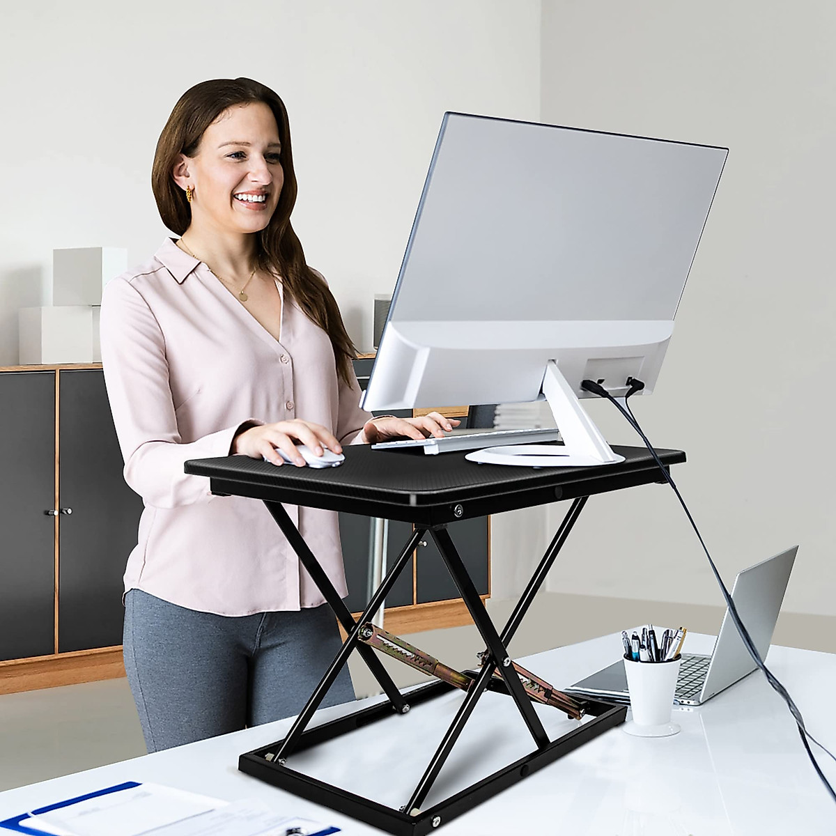 STANDNEE Standing Desk Converter Height Adjustable Stand Up Desk Riser - Supports 300 lbs, Fully Assembled Monitor/Laptop Riser Workstation, Black.