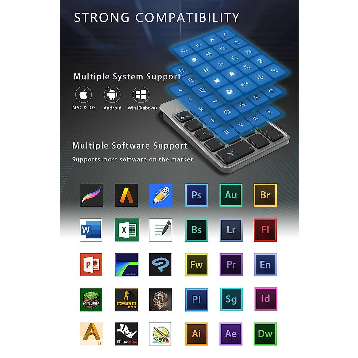 YESWORD X-20, Wireless Customizable Keyboard for Digital Drawing, Graphic Design, Photo Editing, Gaming, Office Work. Compatible with iPad/iOS/Mac/Android/PC