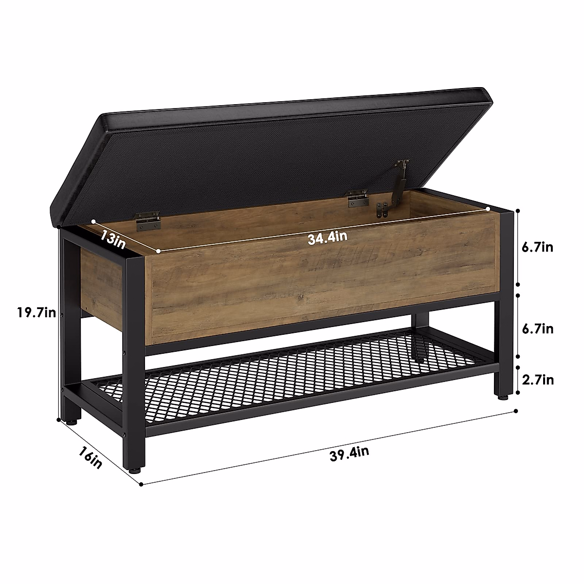 HOSTACK Storage Bench, Entryway Shoe Bench with Flip-Open Storage Box, End of Bed Ottoman Bench with Storage Shelf and Padded Seat for Bedroom, Hallway, Rustic Brown