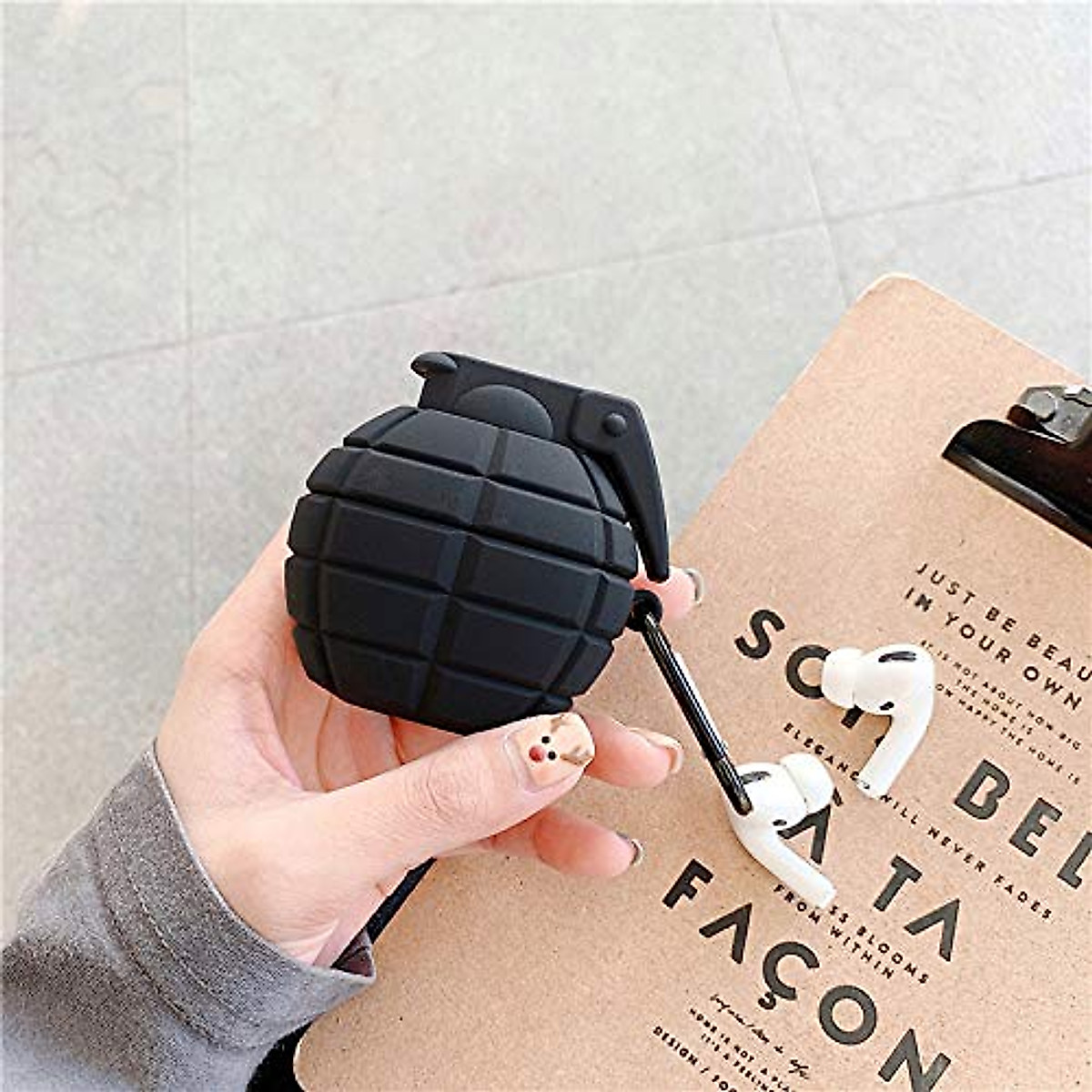 LEWOTE Airpods Pro Silicone Case Funny Cute Cover Compatible for Apple Airpods Pro[Cool Interesting Series][Best Gift for Kids Friends Boys Girls] (Grenade Black)