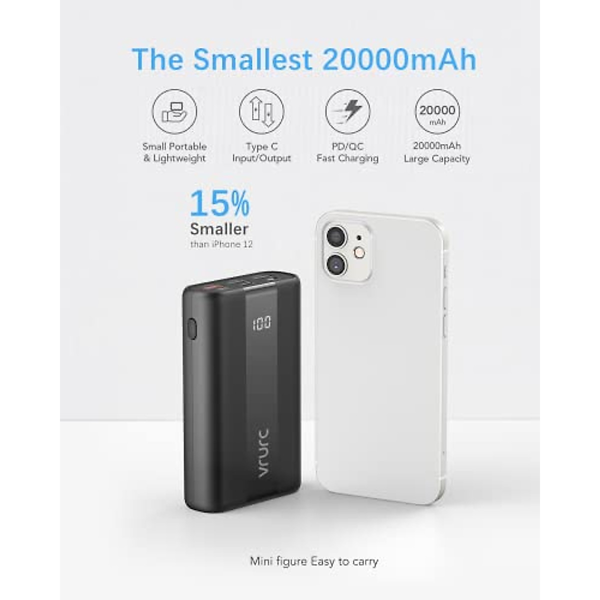 Small Power Bank 20000mAh, VRURC 22.5W PD & QC 3.0 Fast Charging USB C Portable Charger, 4 Output 3 Input Compact Battery Pack, LED Display External Phone Battery Compatible with Smart Devices