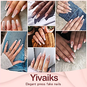 Yivaiks 24pcs Advanced Hand Made Glitter Gradient Pink Press on Nails Medium Length,Luxurious Crystal Gem Design Ballerina Long Coffin Fake Glue for Women Acrylic Perfect Accessory Banquets, Soirees, Parties(GD-004)