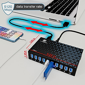 10 Ports USB Hub 3.0 Powered Aluminium - USB Hub Charger - Multiple Port - USB Splitter Hub with Power Adapter 12V/5A/60W - for Laptop, PC,Flash Drives, HDD,Hard Drive,Mouse,XPS,Xbox,Keyboard