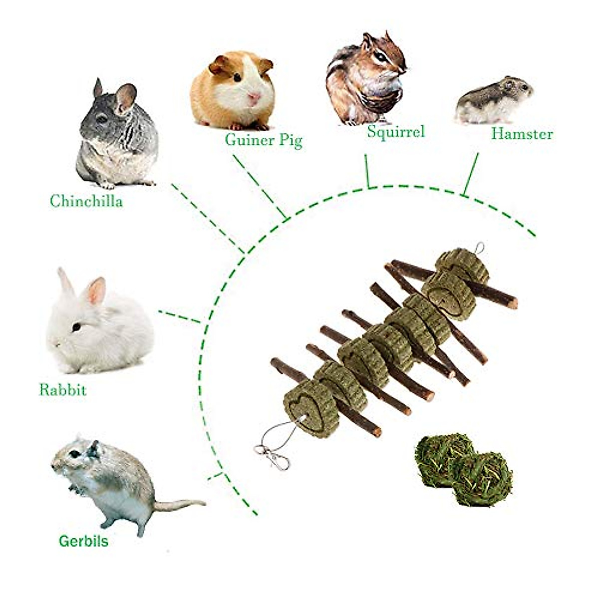 Tfwadmx 3 Pcs Rabbit Chew Toys Natural Timothy Grass Balls Rabbit Organic Apple Wood Sticks Improves Dental Health for Chinchilla Rat Guinea Pig Hamsters Gerbil