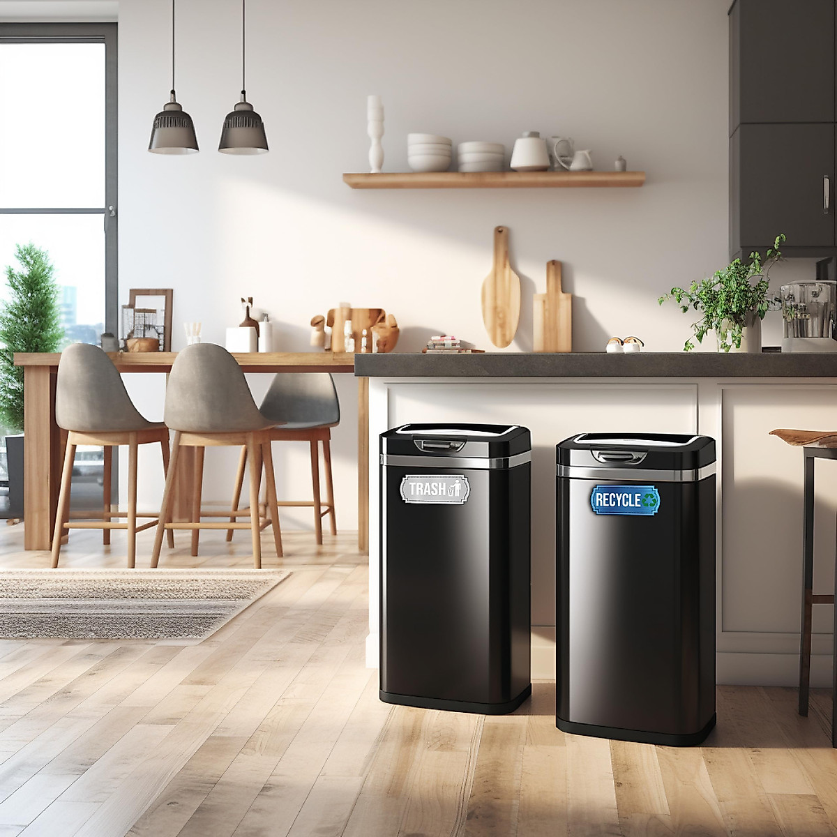 Recycle and Trash Stickers for Kitchen Trash Cans and Recycling Bins, Indoor Trash and Recycle Sticker Combo for Garbage Can Logo Symbol, 2 Decals Adhesives, 6.5 x 3 Inch Elegant Decal for Outdoor