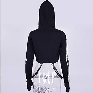JUMISEE Women Goth Skeleton Hoodie Crop Top Iron Chain Long Sleeve Hooded Pullover Sweatshirt for Halloween Rave Festival Black